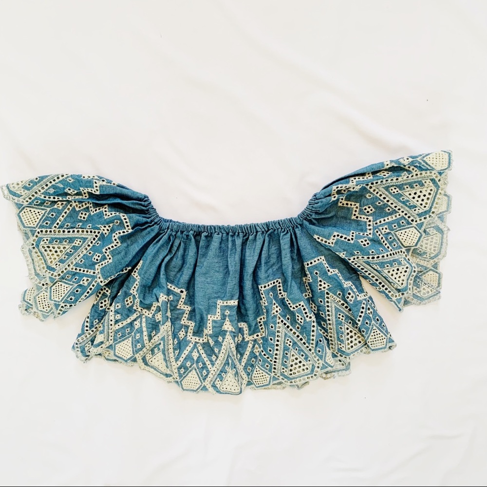 Gianni Bini Chambray Crochet Off Shoulder Top - Gem